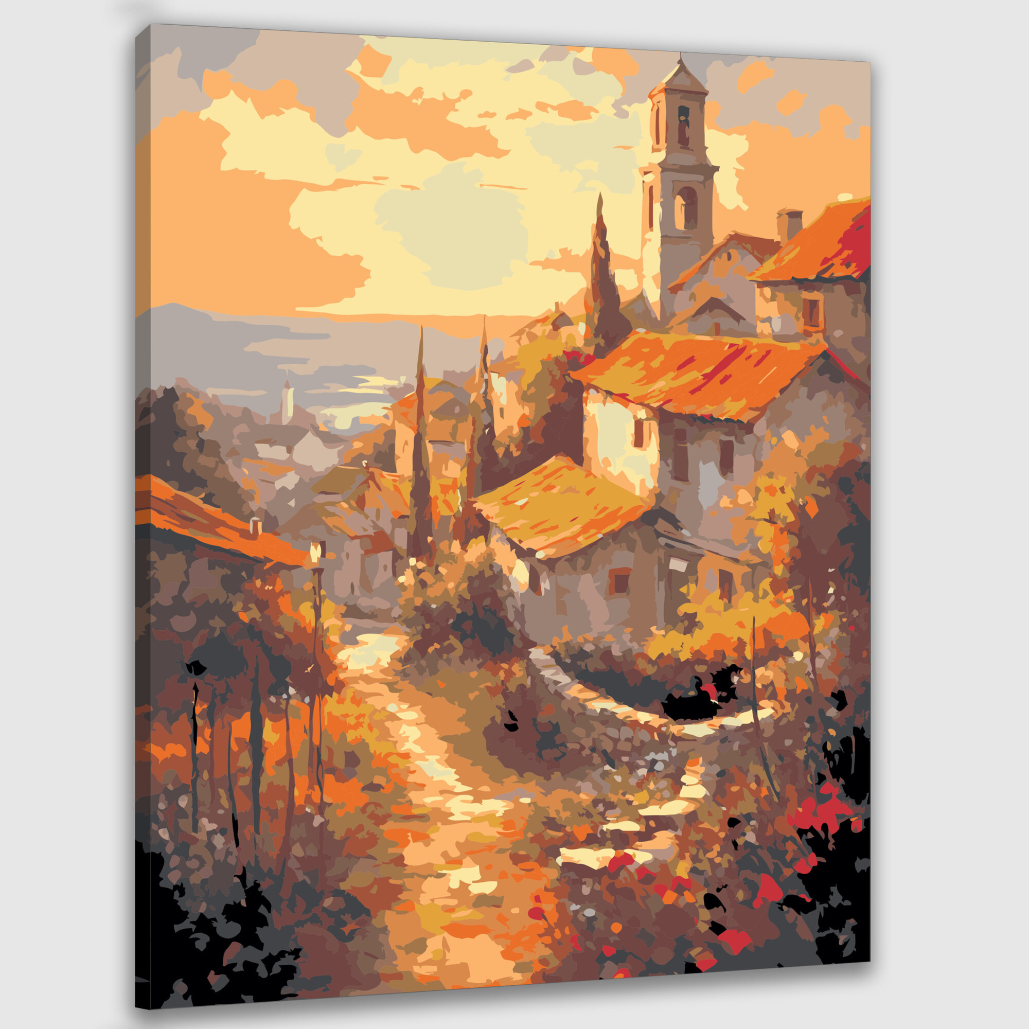 Картина по номерам 40x50 см, картина, масло, "Деревня грез", сельская деревушка, теплые оттенки, закат, золотистый свет
