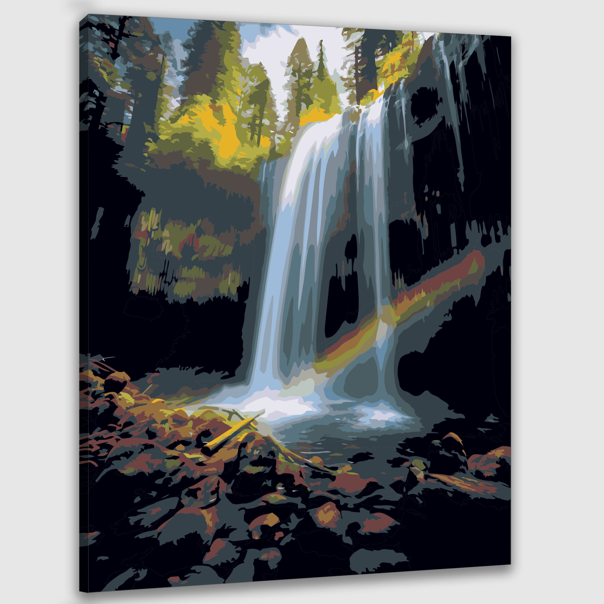 Картина по номерам 40x50 см, водопад, каскад, скалистый утес, бассейн, мощный поток, туман, брызги, свет, радуга