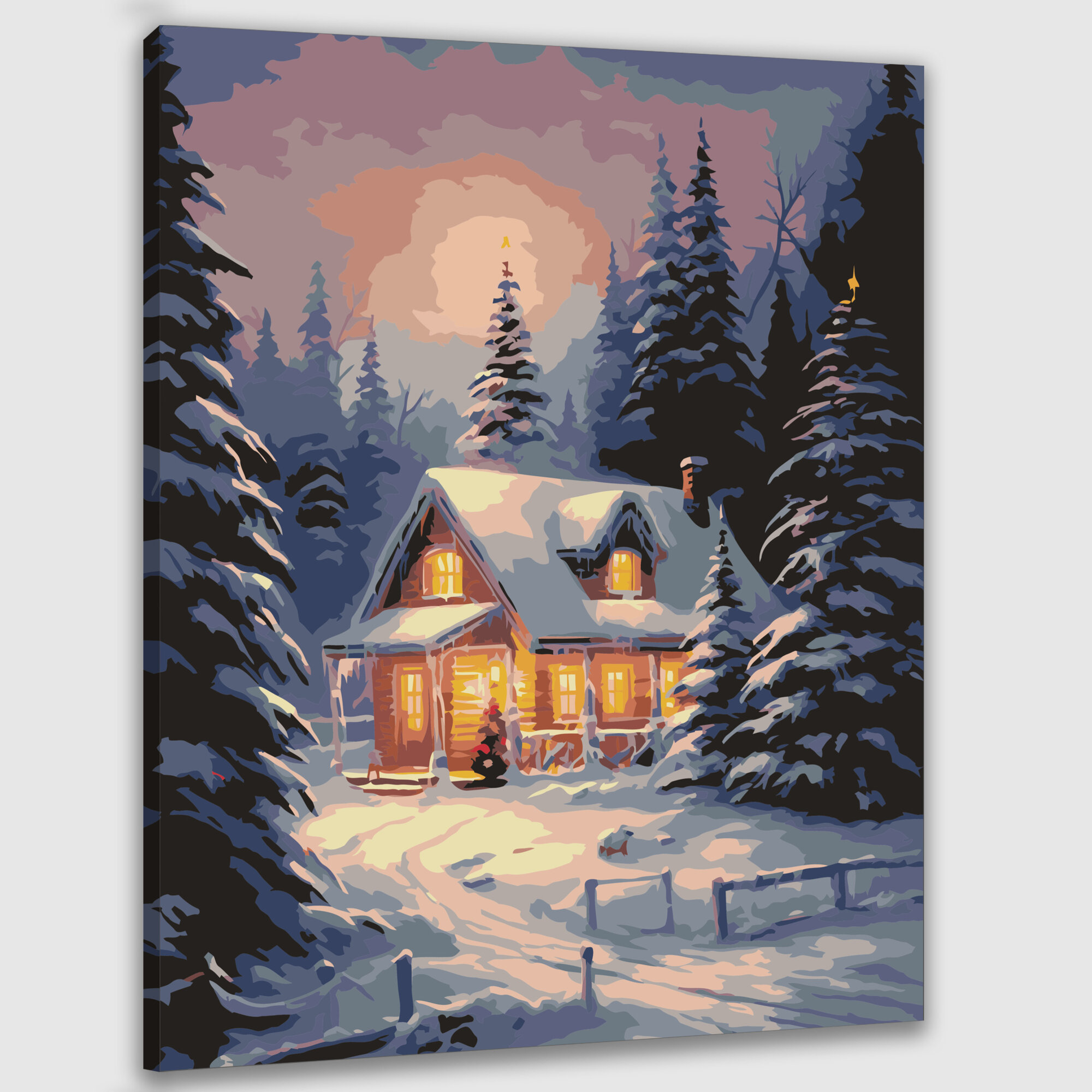 Картина по номерам 40x50 см, картина маслом, снежный сочельник, вечнозеленое дерево, орнаменты, снежинки, свечи