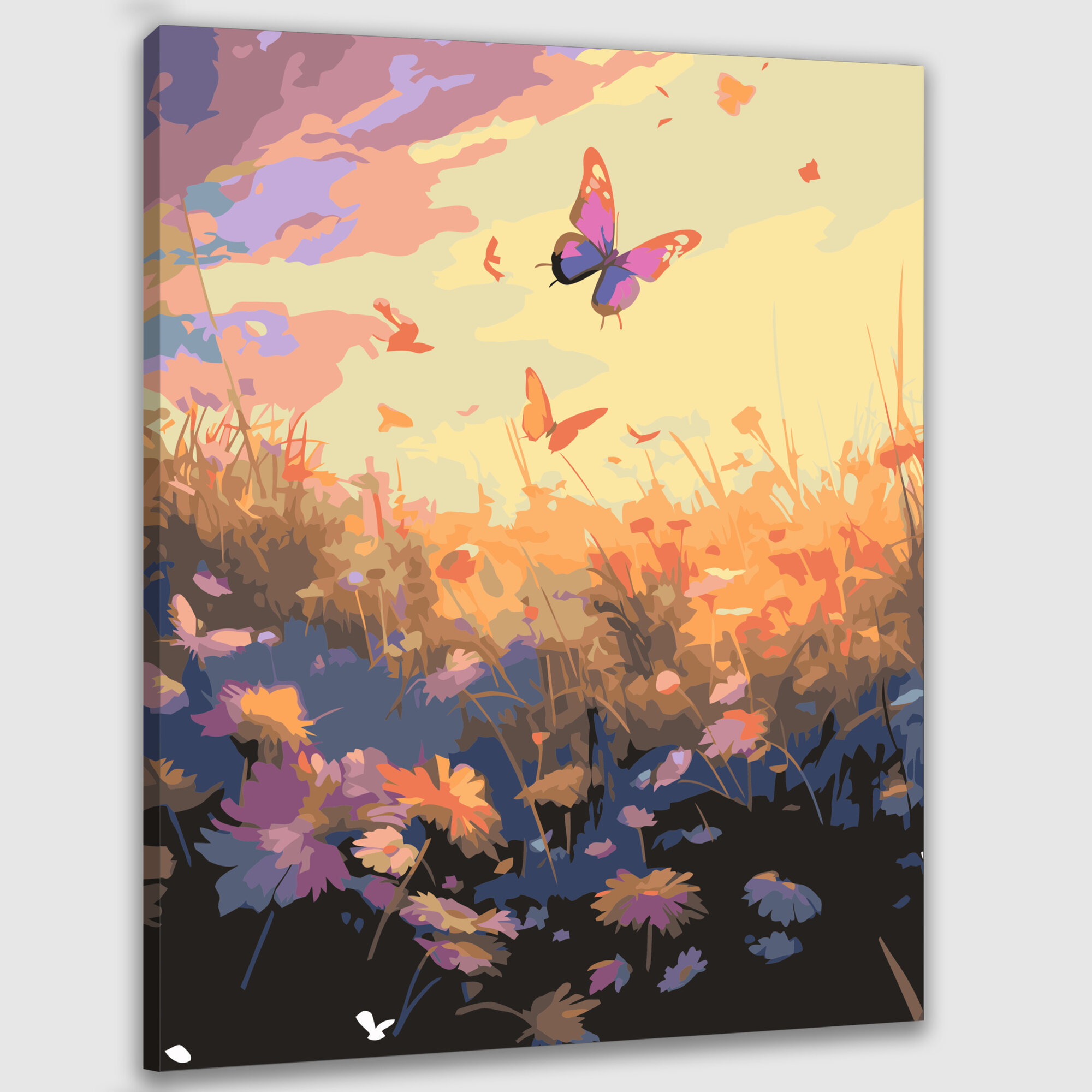 Картина по номерам 40x50 см, летний луг, сумерки, разноцветные бабочки, трава, полевые цветы, солнечный свет