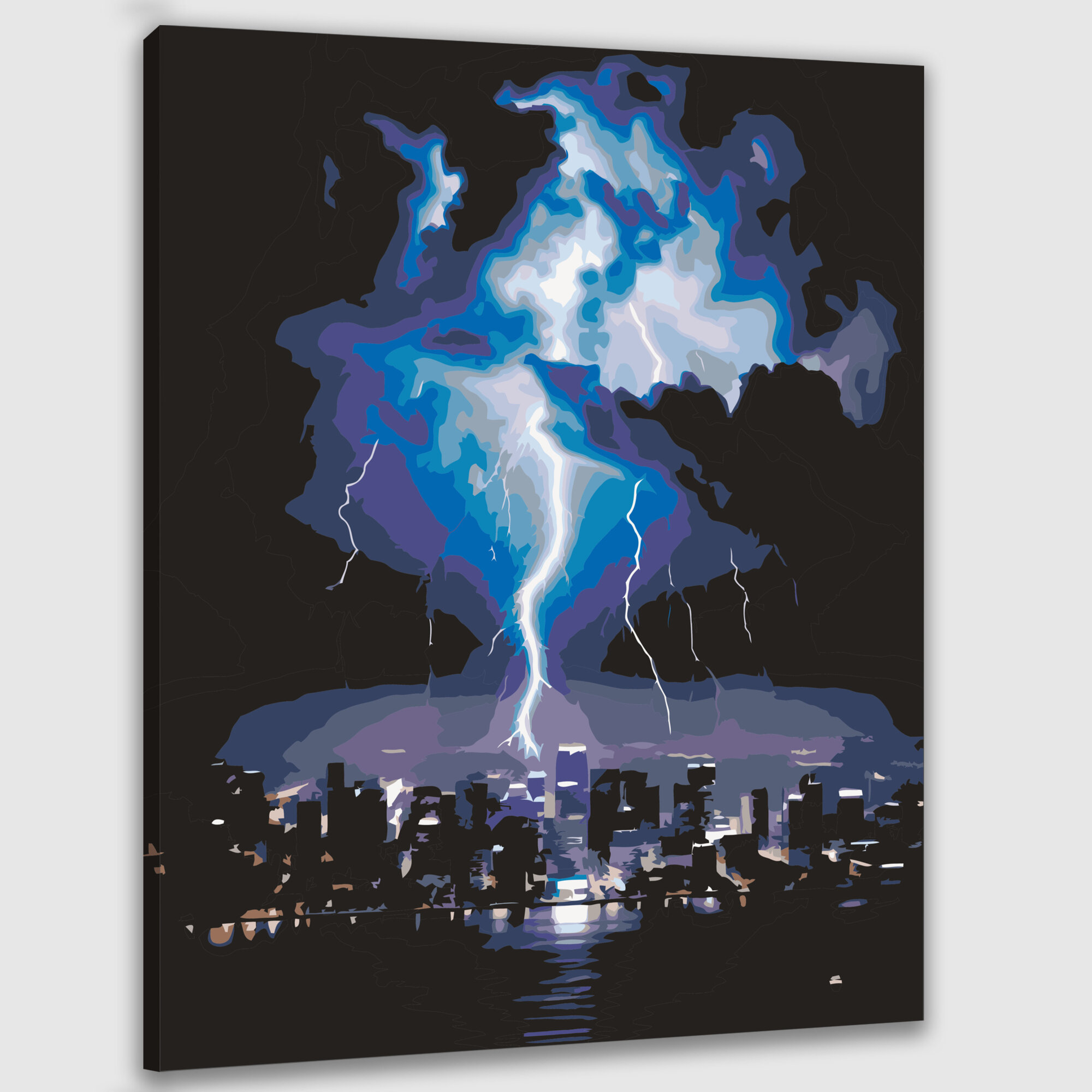 Картина по номерам 40x50 см, ночная гроза, молния, городской пейзаж, темный фон, силуэт, фотография, великолепная