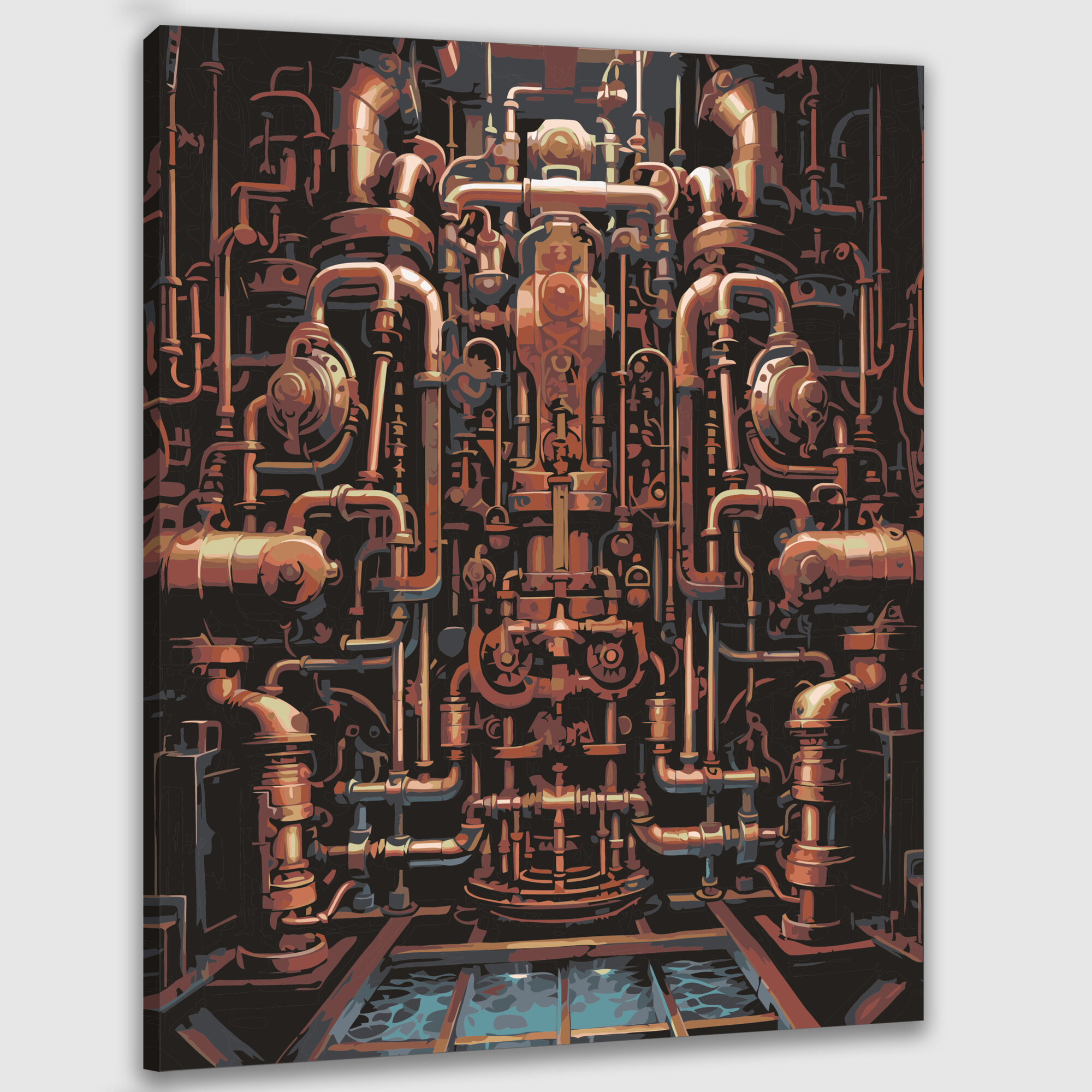 Картина по номерам 40x50 см, иллюстрация, чудо-машина, стимпанк, шестеренки, трубы, клапаны, металлическая поверхность