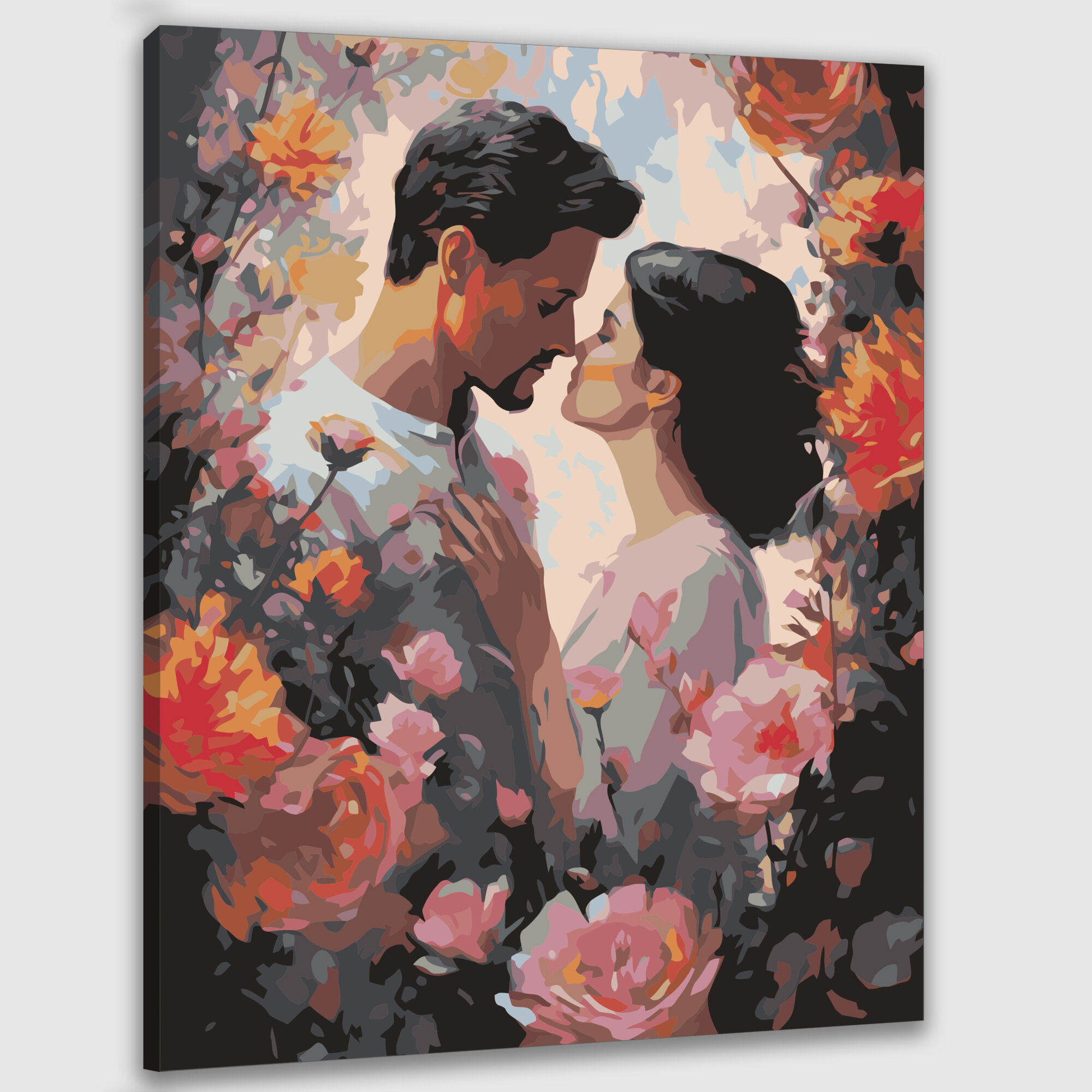 Картина по номерам 40x50 см, романтика, масло, влюбленная пара, свет, лица, сад, цветы, оттенки, выражения любви