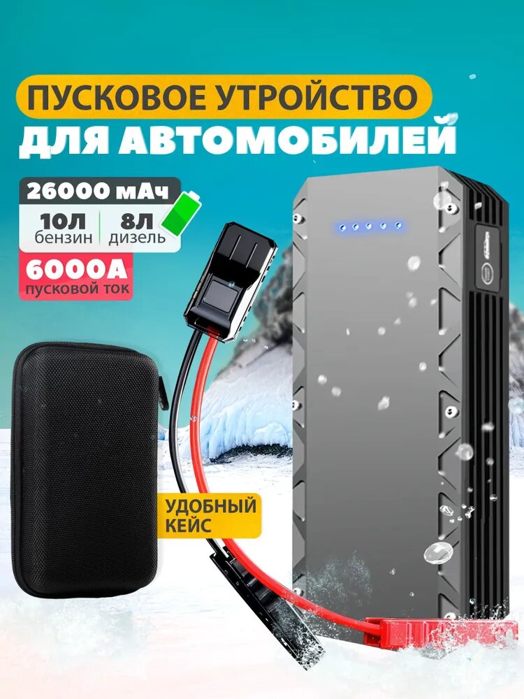 Пуско-зарядное устройство для автомобиля, емкость 26000 мАч, 6000А. Пусковое устройство GKFLY. Jump starter. Powerbank. Buster.