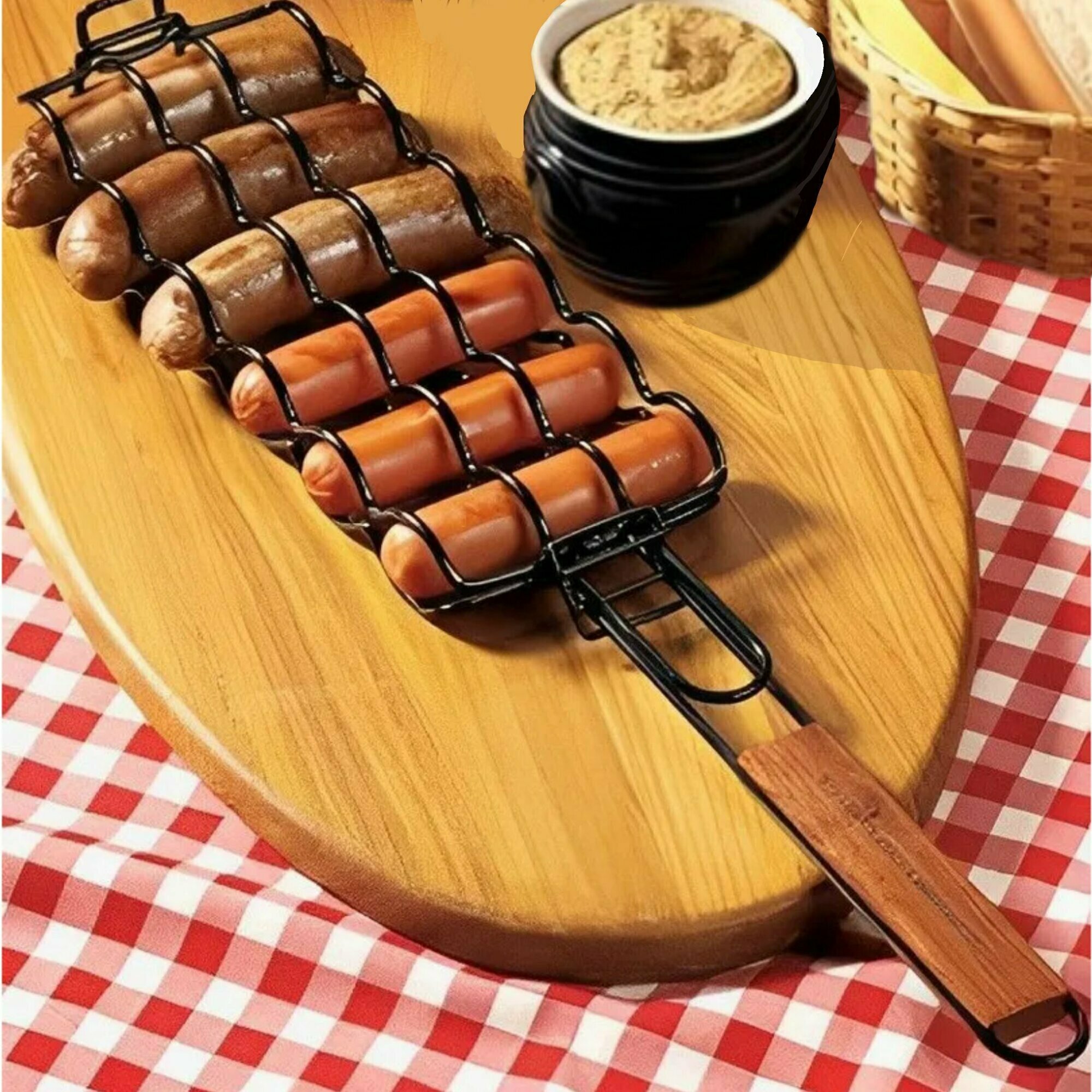 Решетка для сосисок "Гриль", деревянная рукоять, для мангала/гриля, двойная