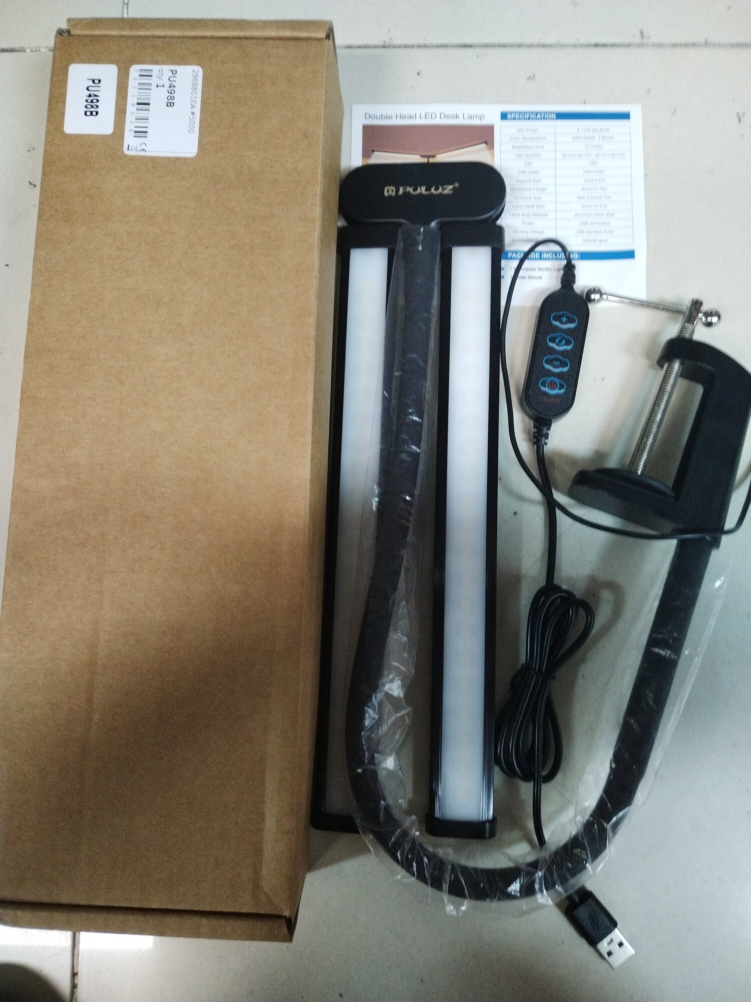 Светодиодный видеосвет PULUZ PU498B с двумя головками, гибкий, настольный, с цветовой температурой 3000-6500K, 10 уровней яркости, с креплением на стол типа C-образный зажим, питание от USB.