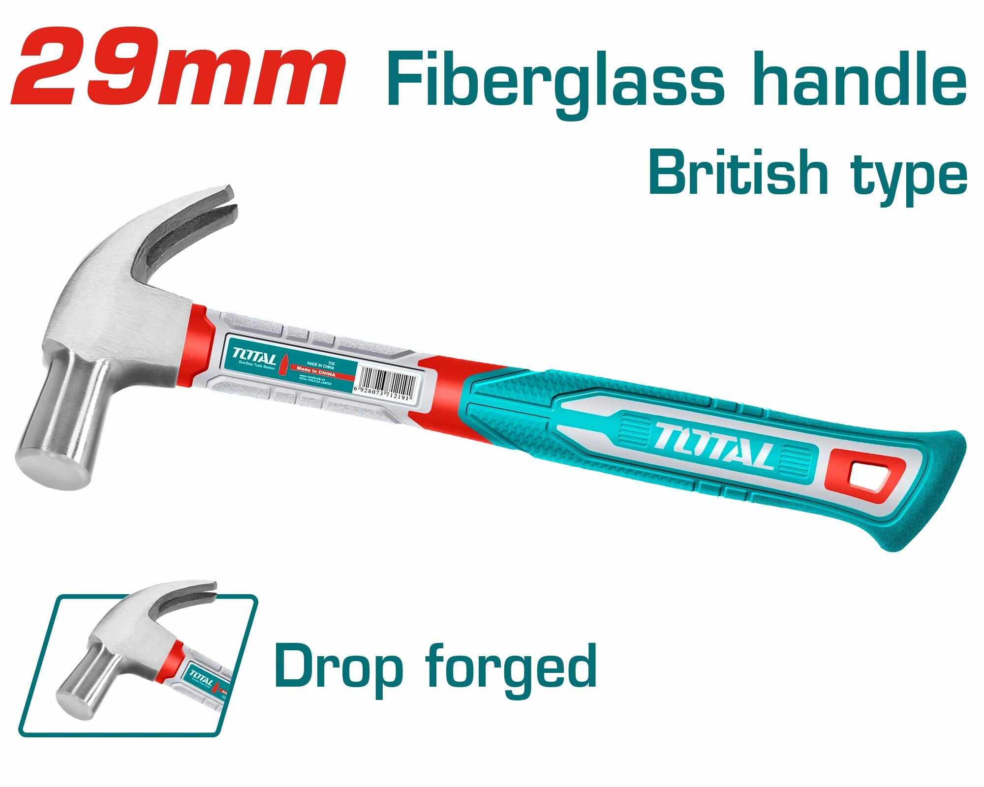 Молоток гвоздодёр TOTAL THCH61029, универсальный, сталь, стеклопластик, бирюзовый/серый