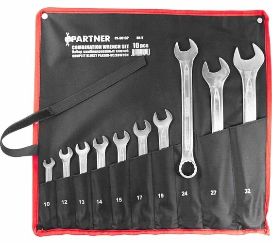 Набор комбинированных ключей Partner 10, 12-15, 17, 19, 24, 27, 32 мм, на полотне, 10 предметов PA-3010P(28354)