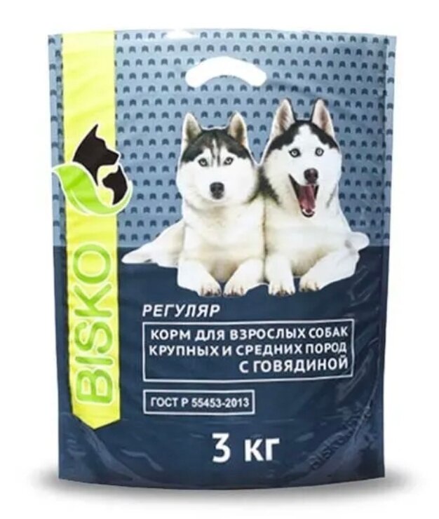 Биско Регуляр с говядиной 3 кг. Корм сухой для взрослых собак крупных и средних пород.