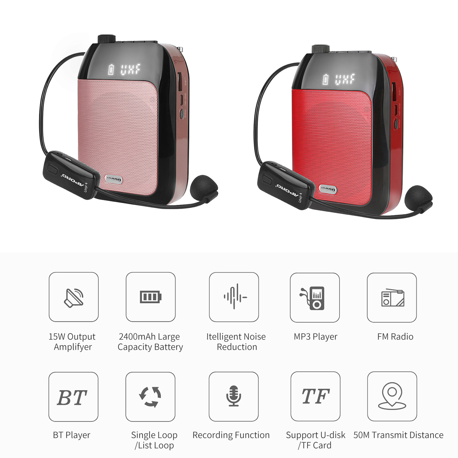 Портативный усилитель голоса для учителей с беспроводным микрофоном, гарнитурой на поясе, перезаряжаемым персональным динамиком BT, поддержкой записи музыки, FM-радио для занятий, встреч, обучения, экскурсоводов, акций, пения