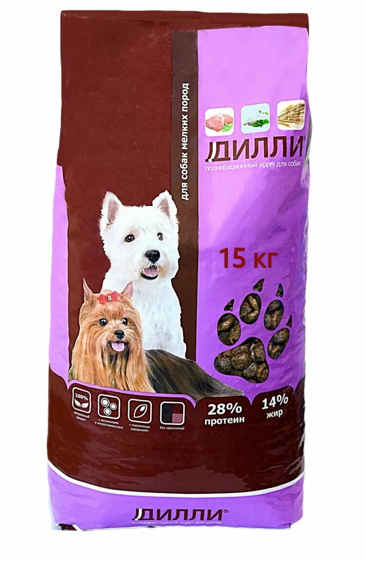 Сухой корм Дилли для взрослых собак мелких пород, злаки и мясо, 15 кг