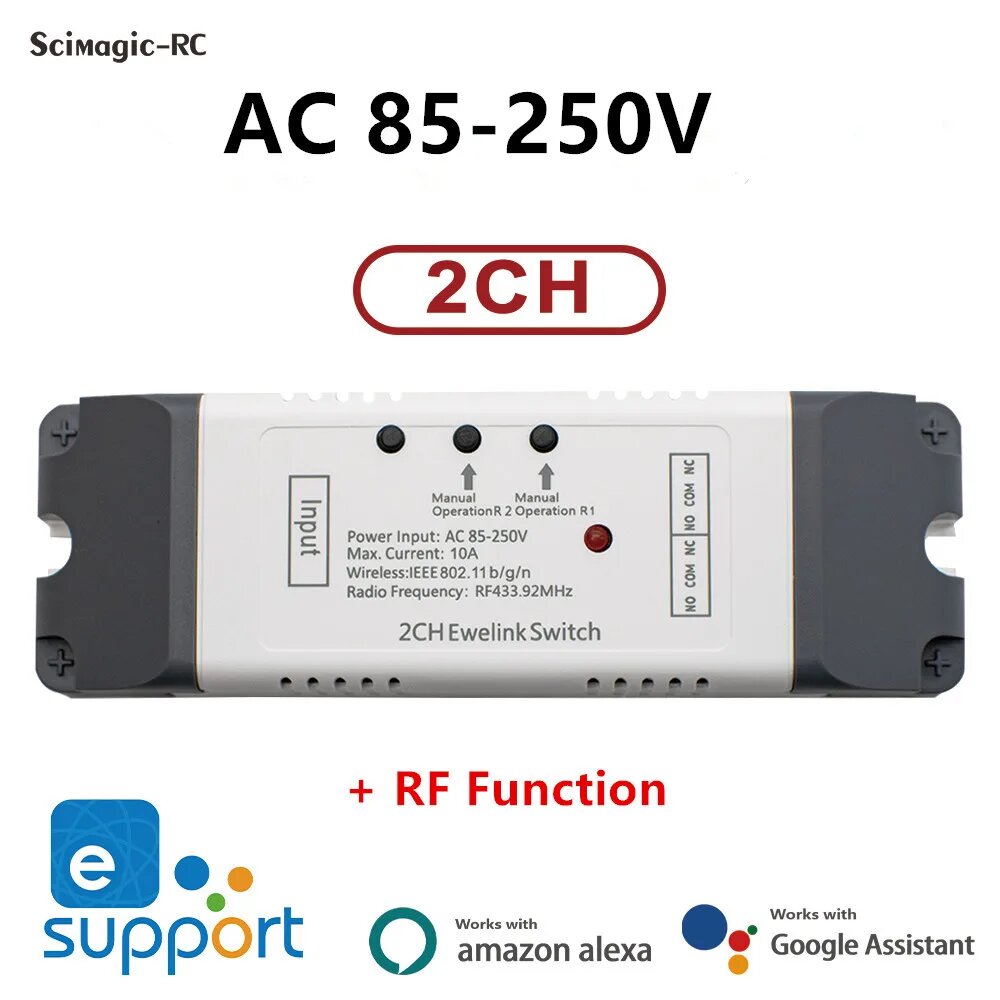 EWelink 2-канальный Wi-Fi переключатель AC 85-250V RF