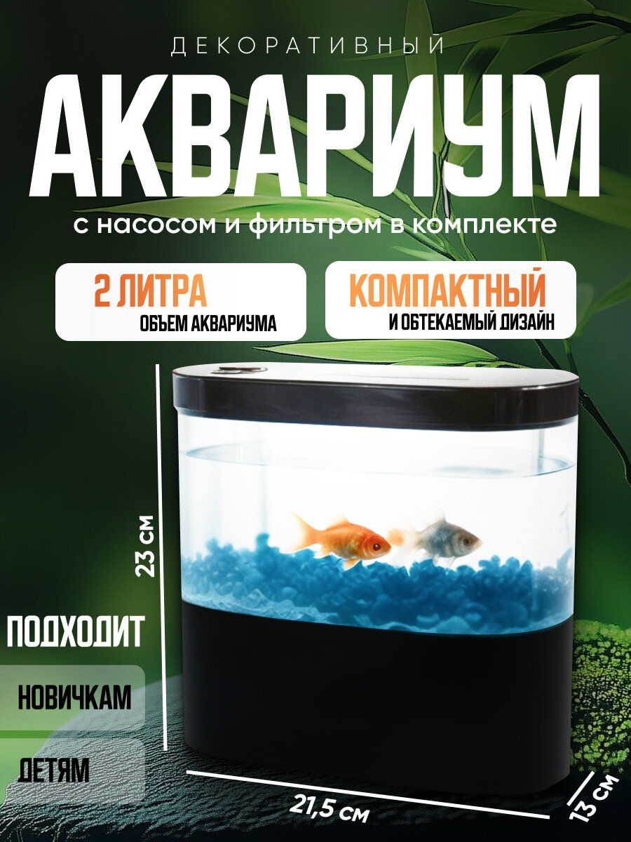 Декоративный аквариум с насосом и фильтром 2л Happy Fish (черный)