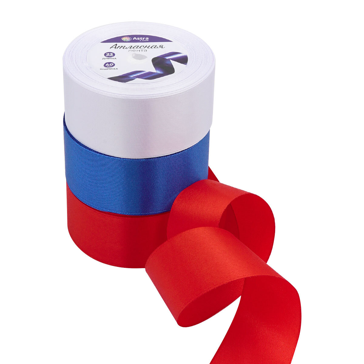 Лента атласная декоративная, ассорти 3 цвета, 4 см * 23 м, микс триколор