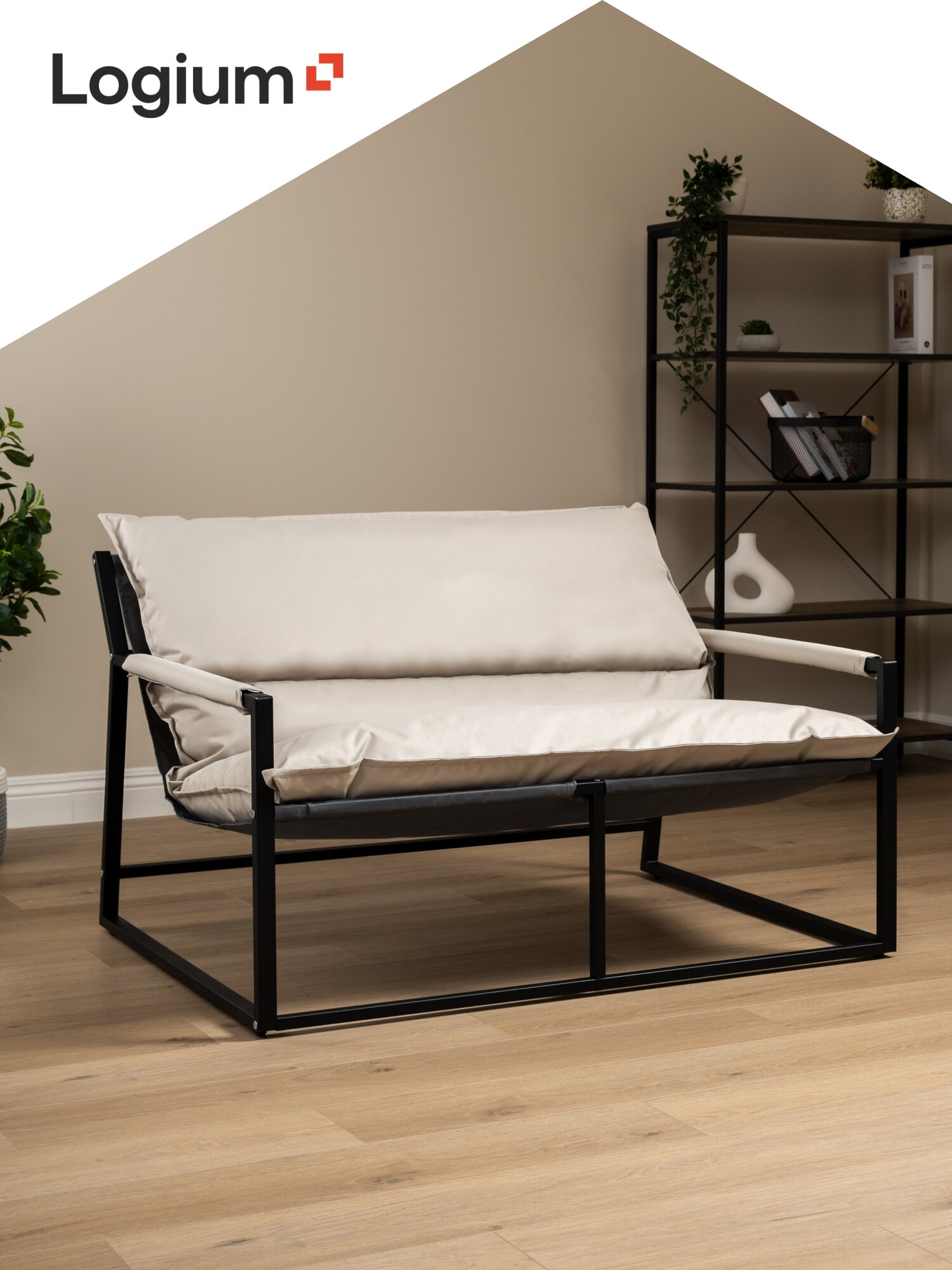 Диван Монг для дома и веранды, Арт. ТД 124 Cuba humus (стиль - лофт, ткань - рогожка, цвет - кремовый, черный)