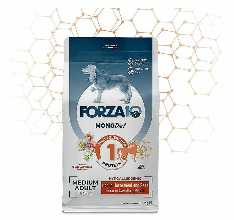 Forza10 Med Diet Low Grain Cav полнорационный диетический корм для взрослых собак средних пород из конины, гороха и риса с микрокапсулами - 1,5