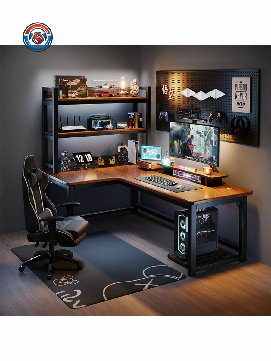 Компьютерный стол L-образный с угловой книжной полкой, массив дерева, прочная стальная рама, органайзер для кабеля, подставка под системный блок, домашний офис и геймерская зона