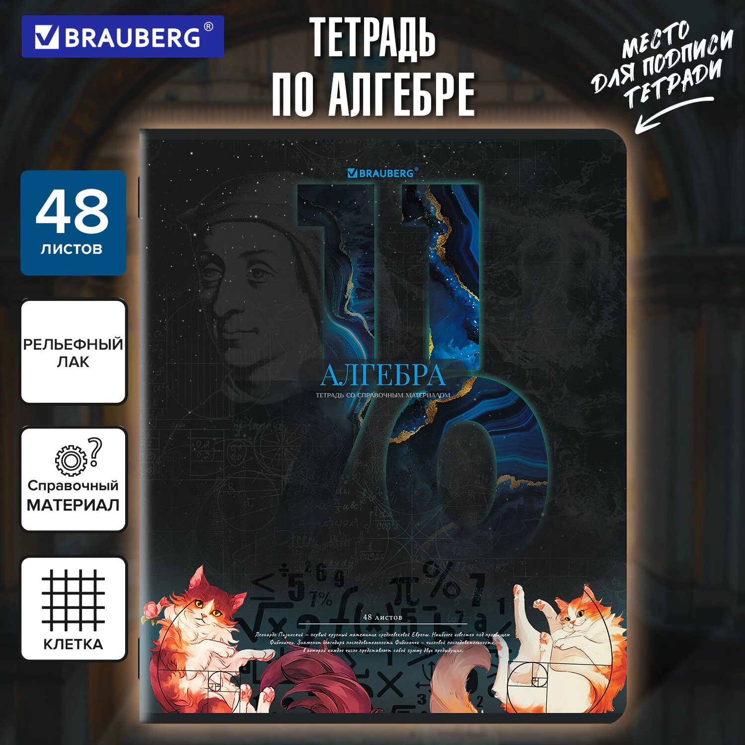 Тетрадь предметная даты 48 л, TWIN-лак, алгебра, клетка, подсказ, BRAUBERG, 405122, 10шт.