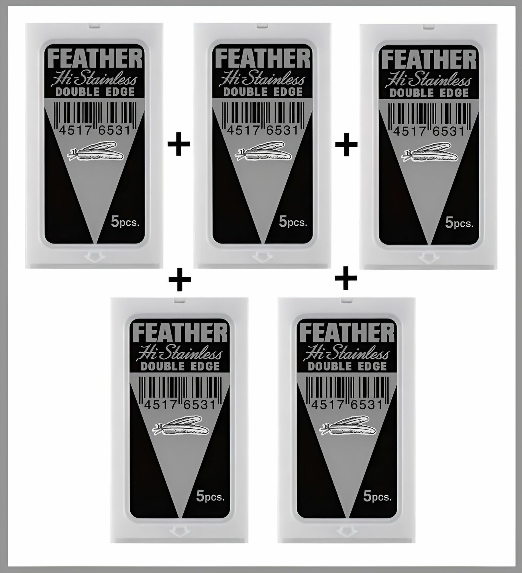 Двусторонние лезвия японские для Бритвы FEATHER "Hi-Stainless Double Edge ", в диспенсере, классические, для T-образных бритв и шаветок, 5 упаковок по 5 шт