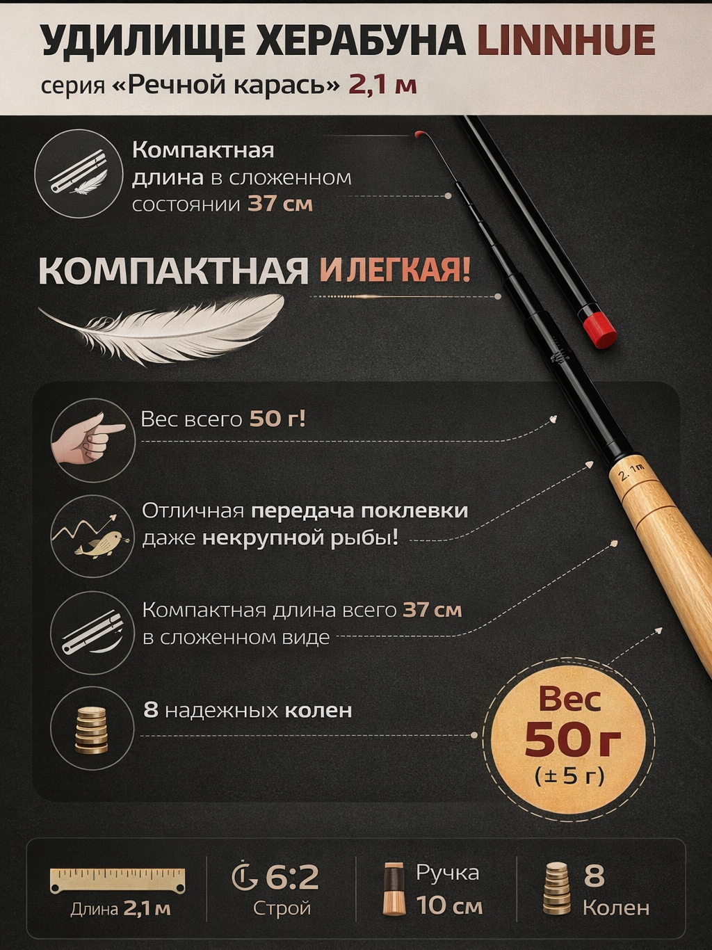 Удилище Херабуна LINNHUE серия "Речной карась" 2,1м (38см в сложенном виде)