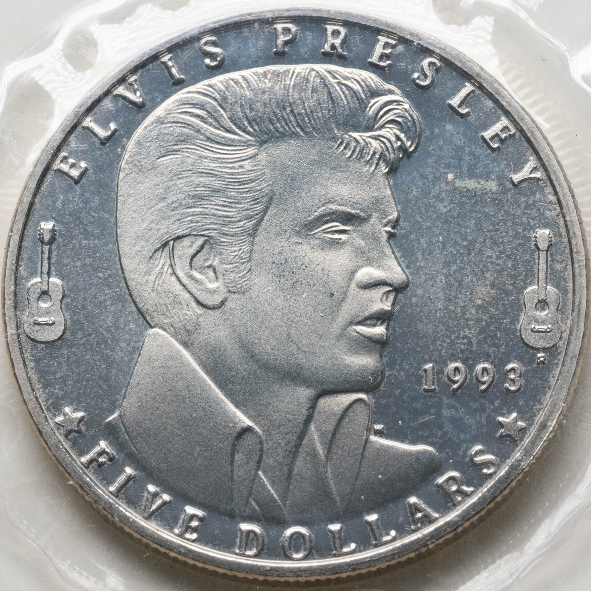 Маршалловы острова 5 долларов 1993 "Элвис Пресли", Мельхиор медь-никель, в сохранности PL