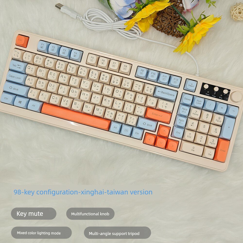 98-клавишная проводная клавиатура с разноцветными кнопками для игр и офисной работы, русская, тайская, фонетическая,