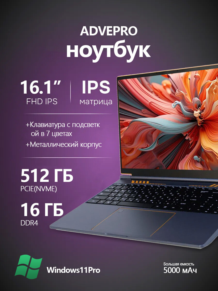 Ноутбук для работы и учебы с диагональю экрана 16,1", 4-ядерным процессором Intel N95, 16 ГБ-DDR4, 512 ГБ-NVME