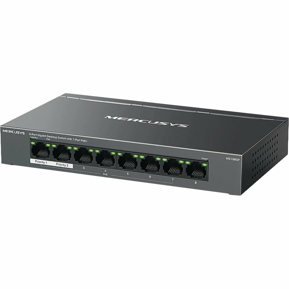 Коммутатор Mercusys MS108GP (L2) 8x1Гбит/с 7PoE+ 65W неуправляемый, 2356837