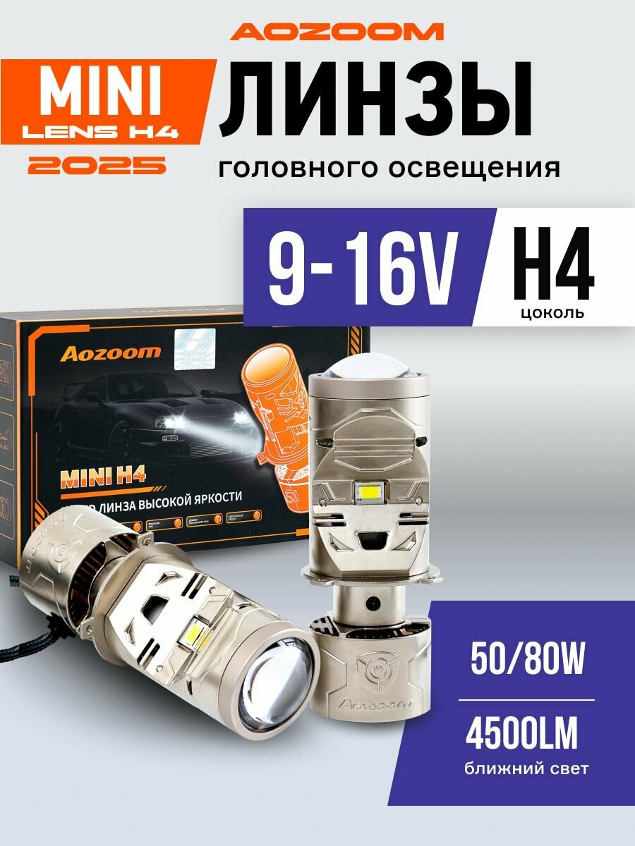 Бисветодиодные линзы Aozoom H4 mini 2025 6000К 80W