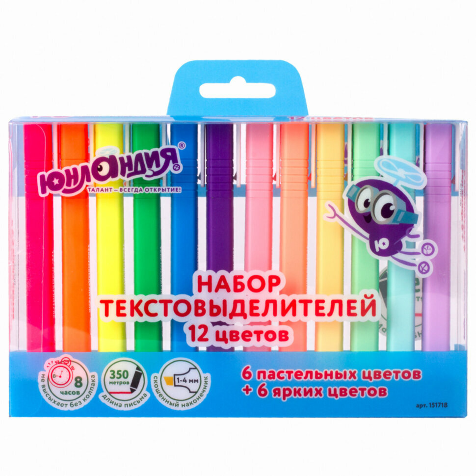 Набор текстовыделителей юнландия 12 шт, Ассорти, "COLORSTAR", линия 1-4 мм, 151718, 151718