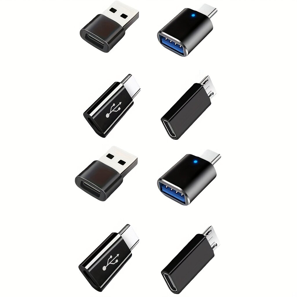 Набор из 8 шт. адаптеров USB-A на USB-C с переходниками OTG USB 3.0 и Micro USB на USB-C, черный