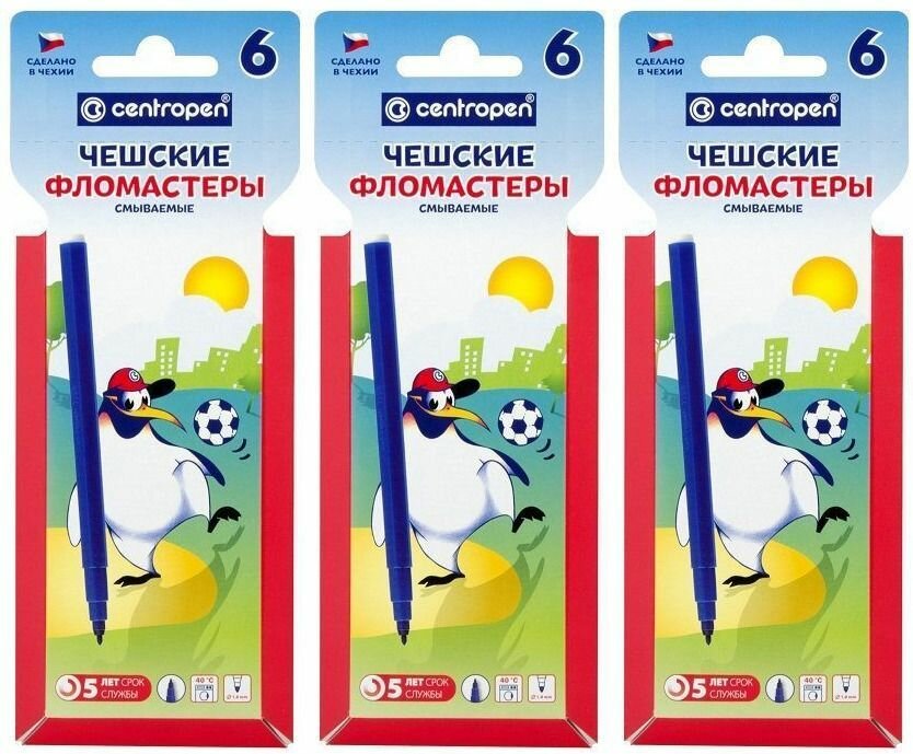 Centropen Фломастеры пингвины 6 цветов , 3 уп.