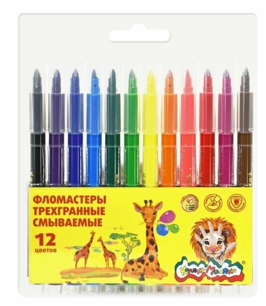 Каляка-Маляка Фломастеры классические, 12 цветов, трехгранный корпус, легкосмываемые