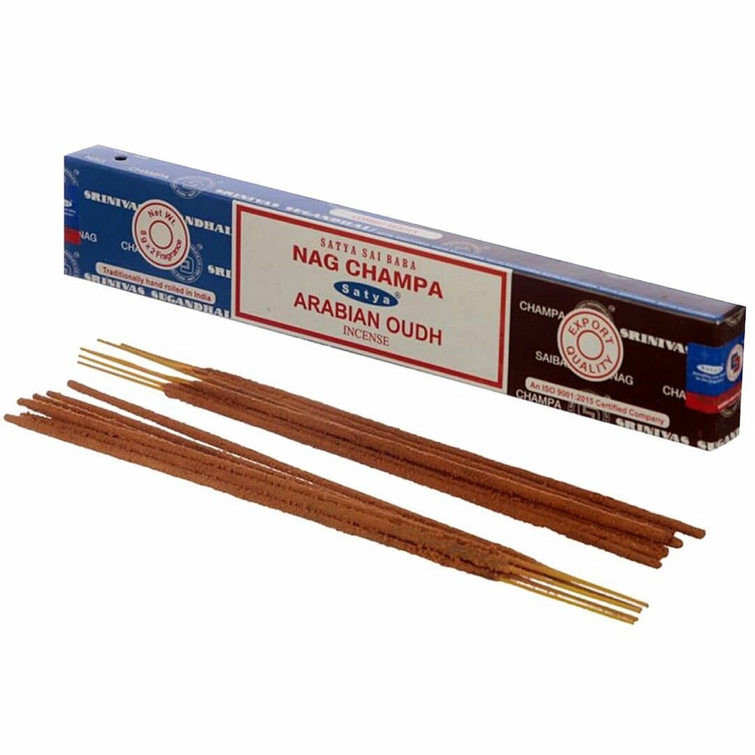Индийские благовония Сатья Комбо Наг Чампа и Арабский Уд (Satya Combo Nag Champa Arabian Oudh) натуральные ароматические палочки для дома, йоги, медитации, релакса, ароматерапии 16 гр
