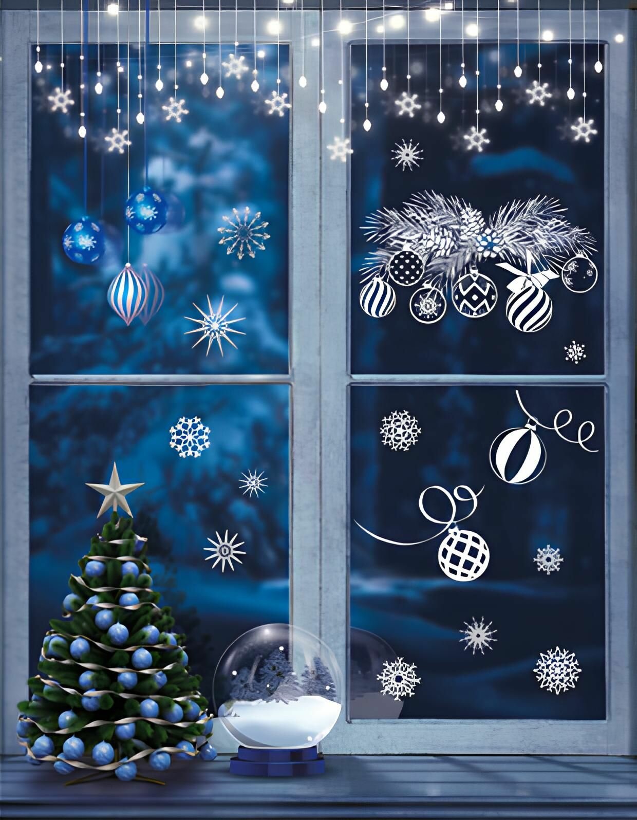 Новогодние наклейки на окна и стены "Еловая ветка с шариками", для декора на новый год, двусторонние, размер листа 30х41,5 см