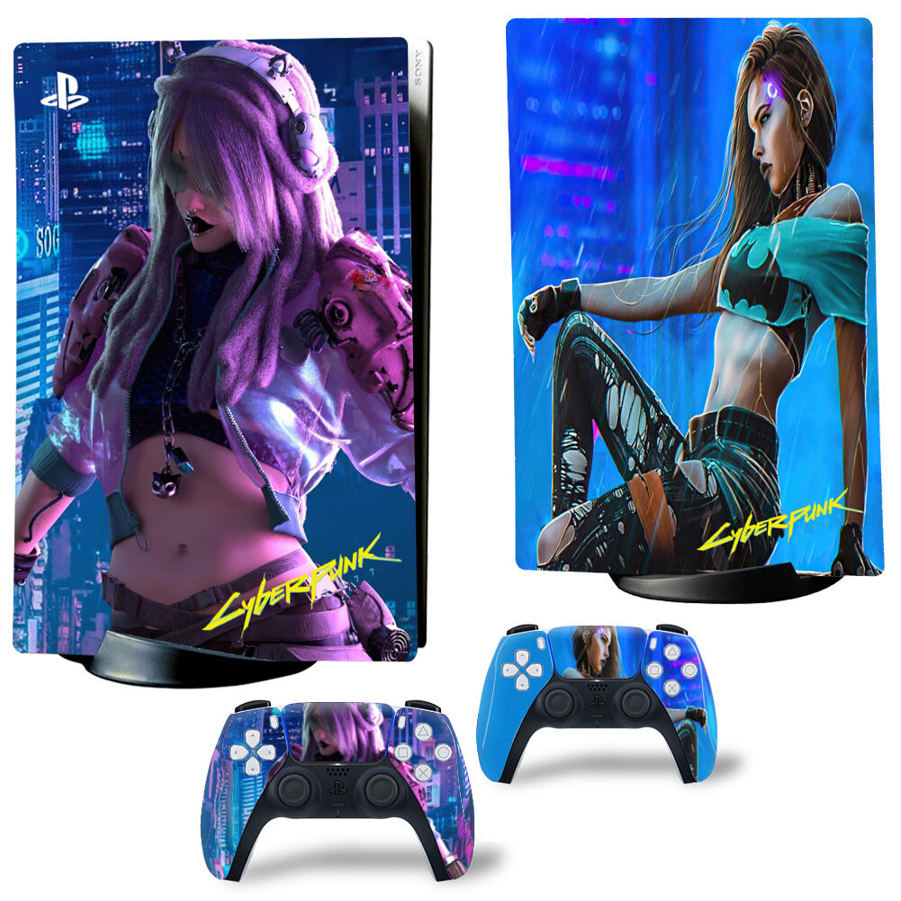Наклейка виниловая защитная на игровую консоль Sony PlayStation 5 Fat Disc Edition, Киберпанк №5, полный комплект с геймпадами