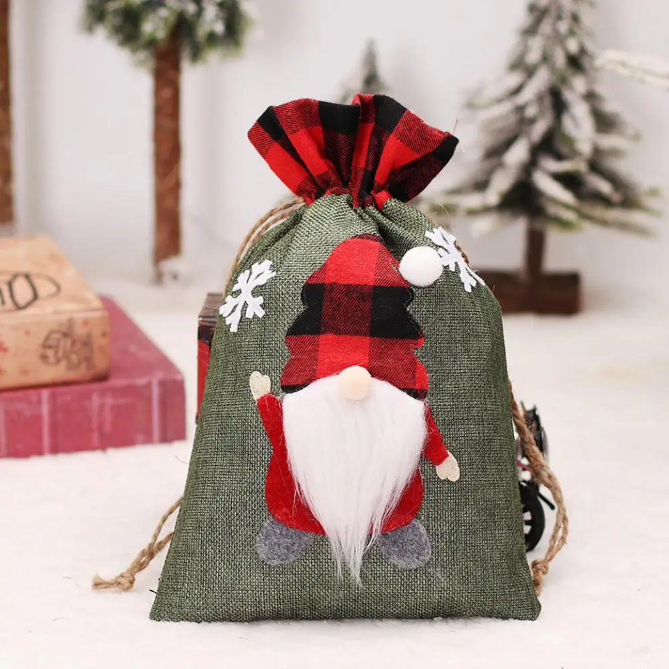 Мешок подарочный новогодний, оливковый с гномом
