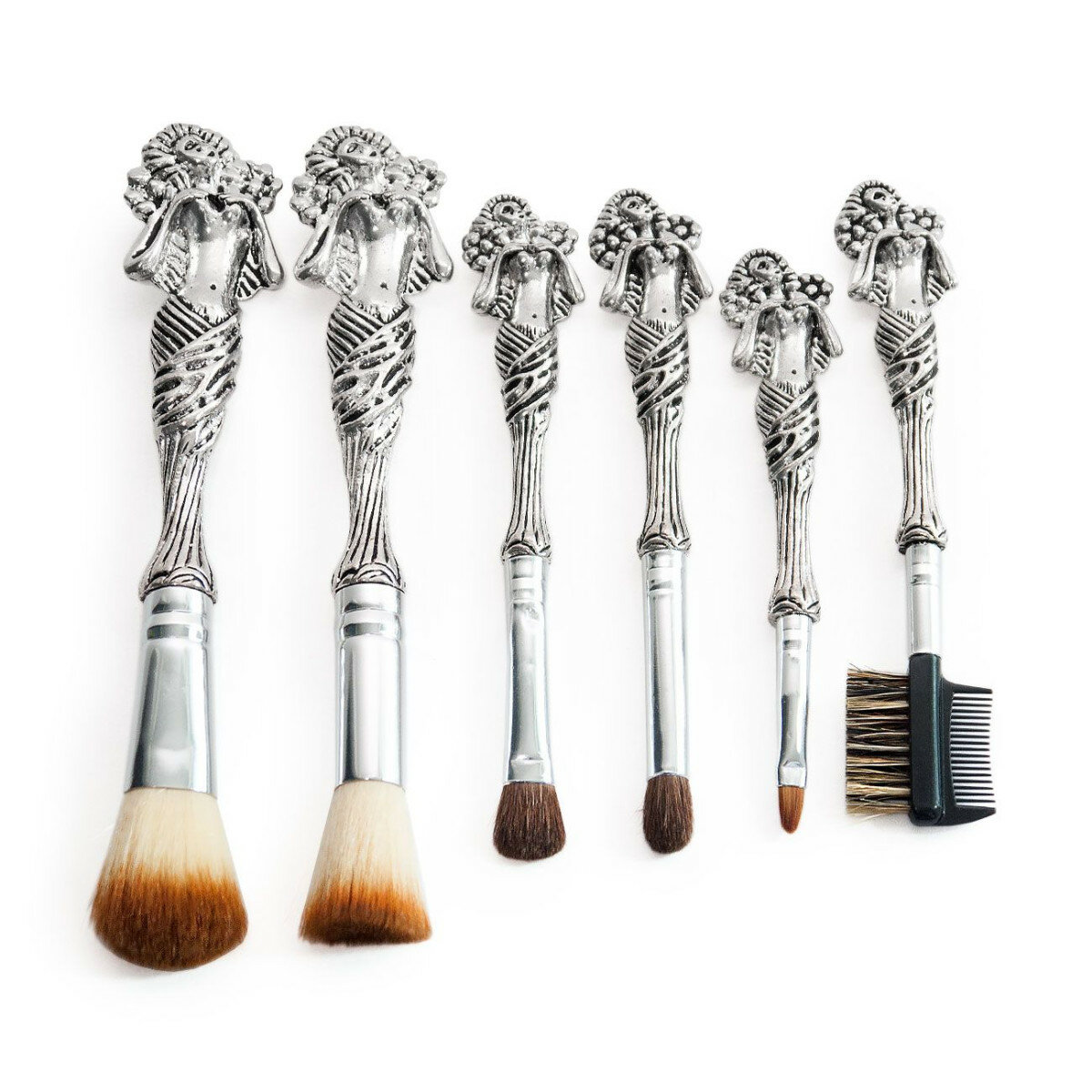 Набор макияжных кистей Kristaller, 6 шт, серебристый, для бровей, ресниц, лица, губ