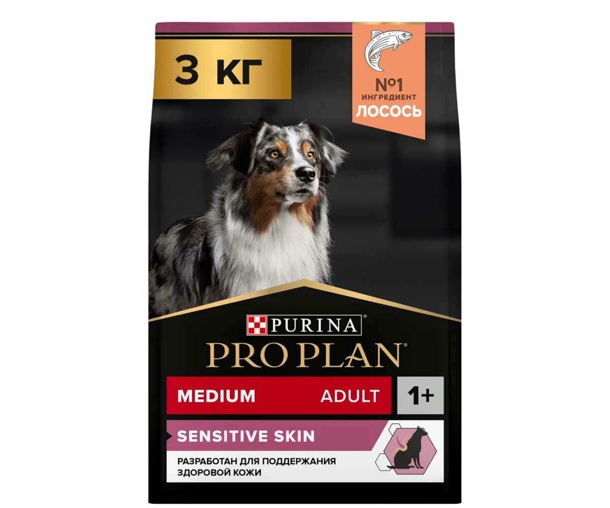 Сухой корм Pro Plan для собак средних пород с чувствительной кожей лосось и рис opti derma sensitive skin medium adult 3кг