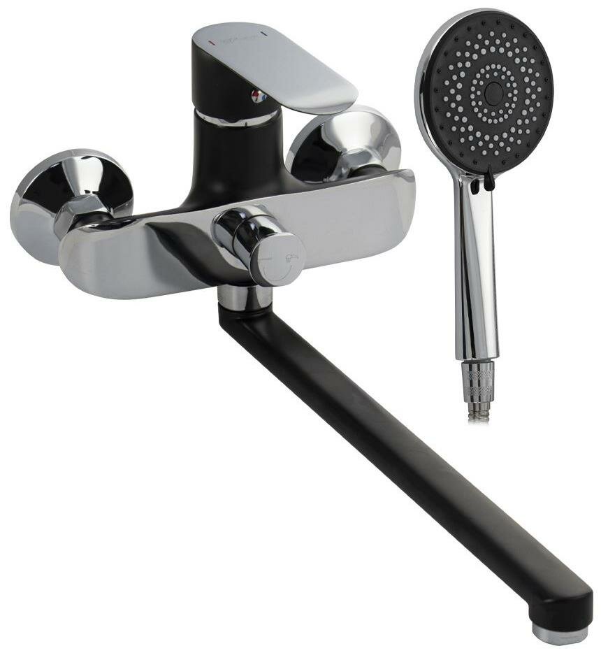 GFMARK 5570 Смеситель в ванную, шаровый, длинный излив, с дивертором на корпусе, комбинированный, с чёрной эмалью
