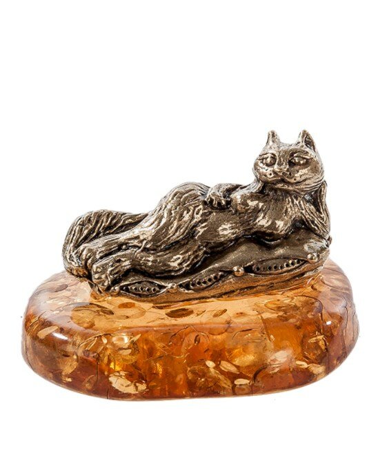 Фигурка Кот Дева из латуни и янтаря 5х3,5х2,7см LY-360060