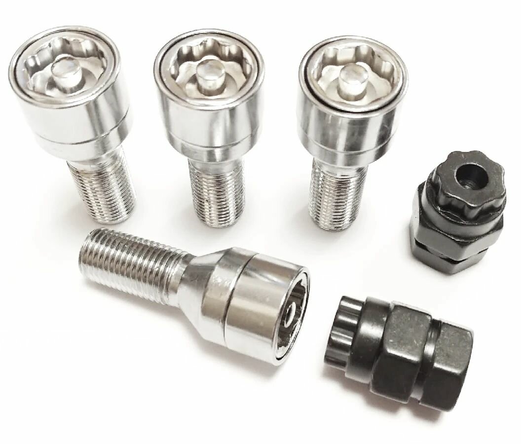 Болты колёсные секретные с защитным кольцом и внутренним секретом, увеличенными зазорами для трудных условий, конус, 12х1.25, 28 мм