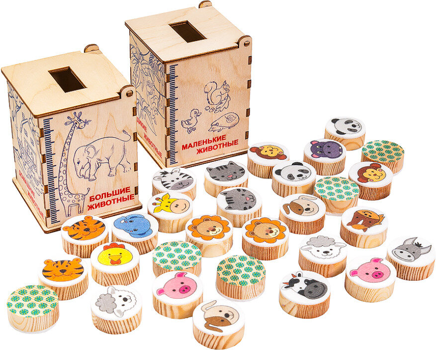 Деревянный мемо-сортер Smile Decor "Зверята", развивающая дидактическая игрушка, настольная мемори-игра, учим животных, 32 фишки