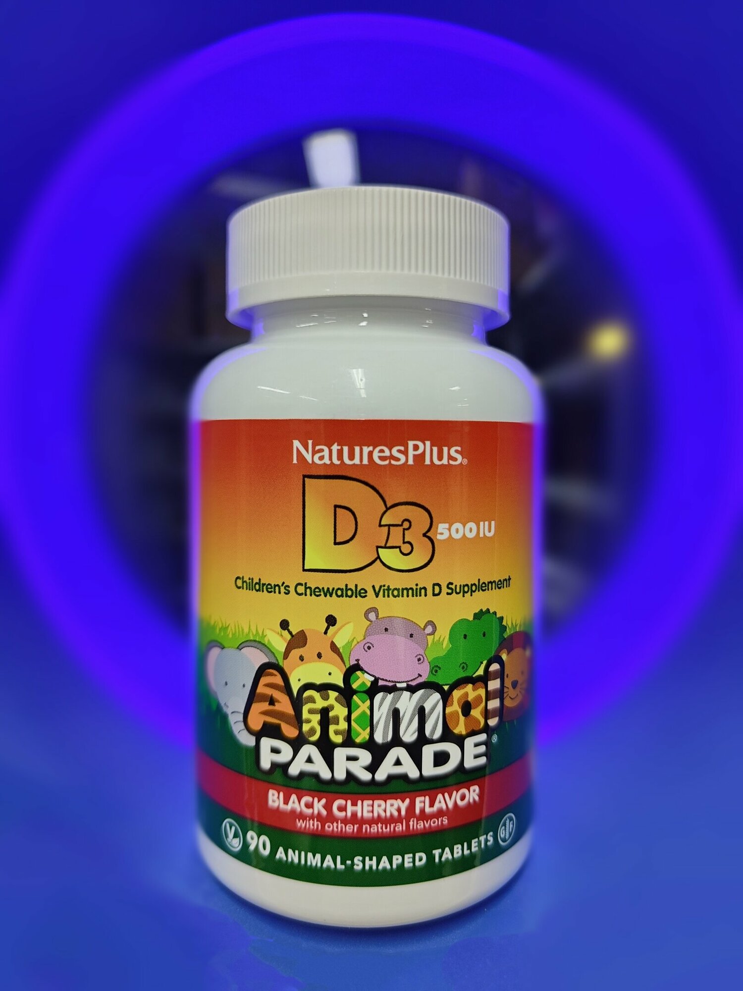 Nature's Plus, Source of Life, Animal Parade, Vitamin D3 (витамин D3), со вкусом черешни, 12,5 мкг (500 МЕ), 90 таблеток в форме животных