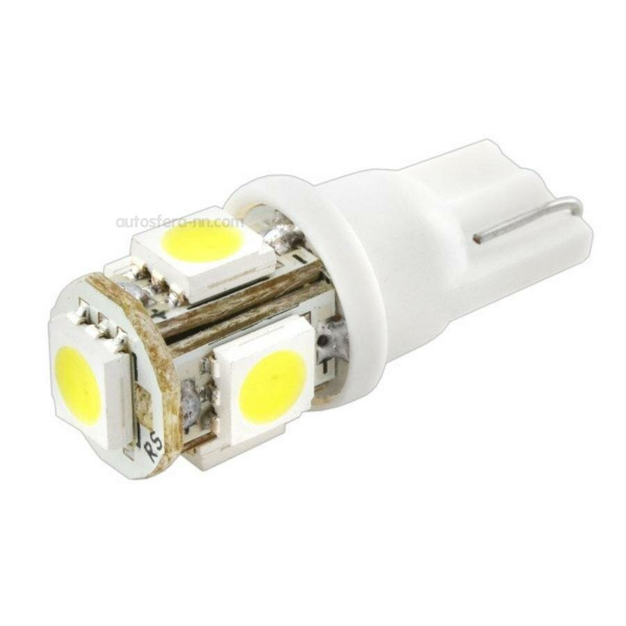 SKYWAY S08201124 Лампа светодиодная T10 (W5W) 12V 5 SMD диодов 1-конт Белая SKYWAY Салон, габариты, номе кт.2 шт