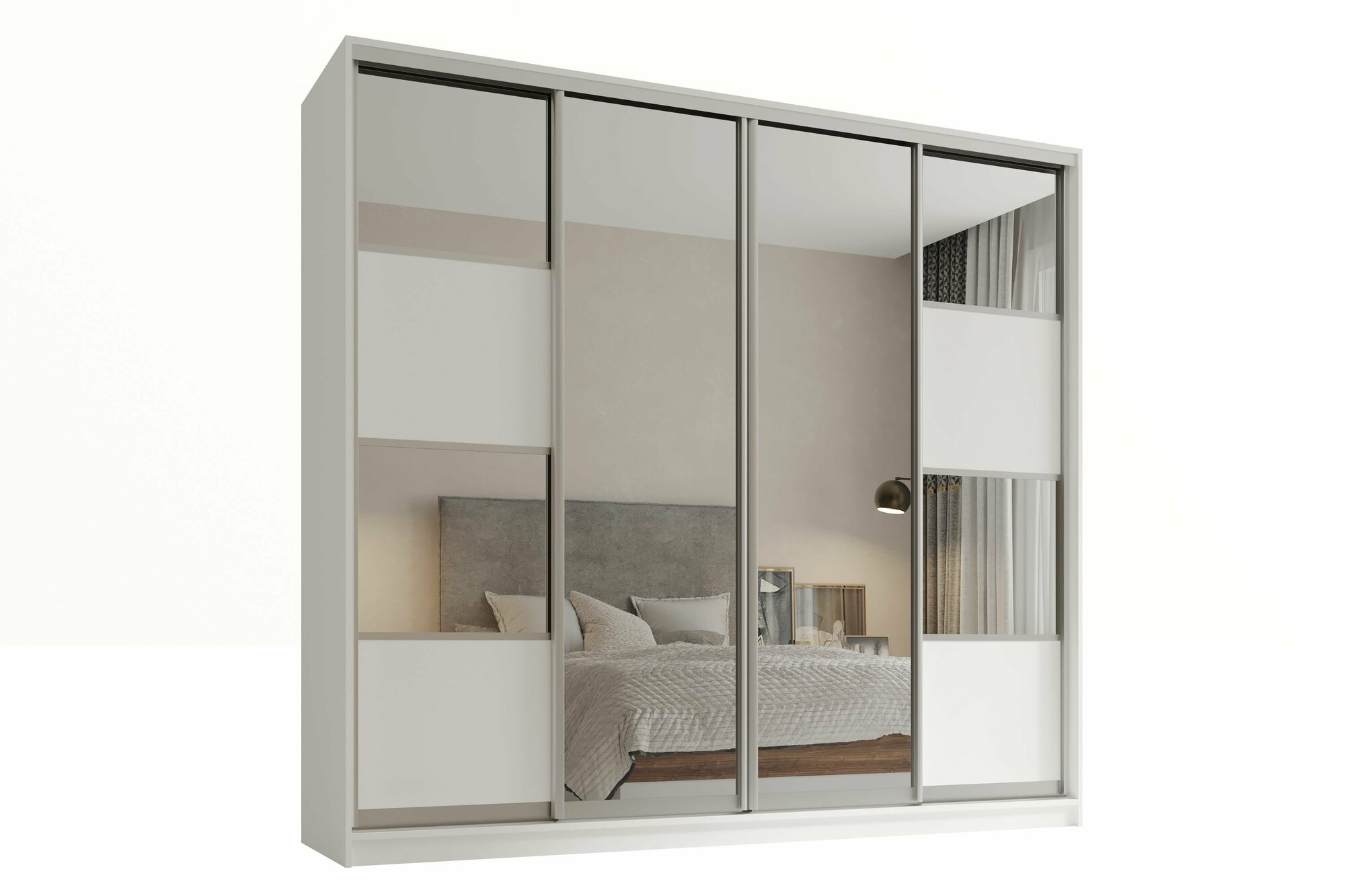 Шкаф купе, для одежды Линц 4, Легкомаркет, 220х45х240, белье/платье/платье, белый, профиль серебро, с зеркалом