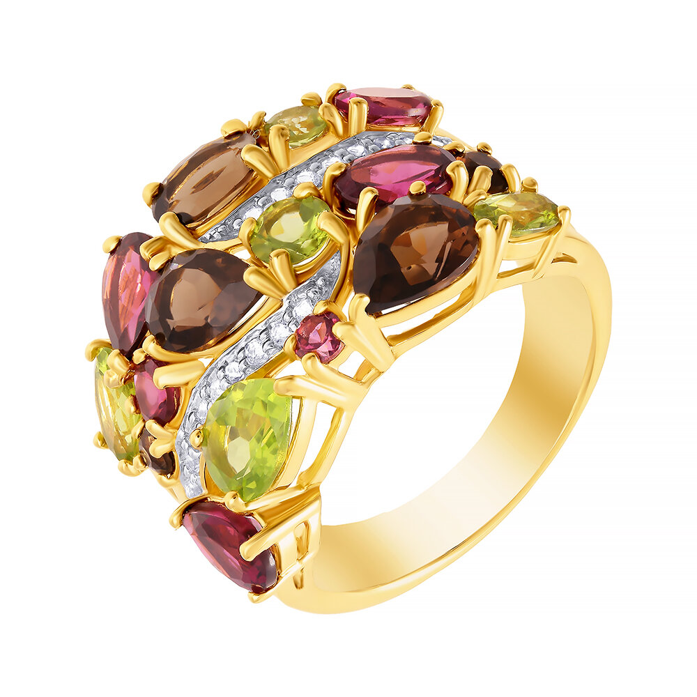 Кольцо, серебро, 925 проба, раухтопаз, топаз, перидот, родолит