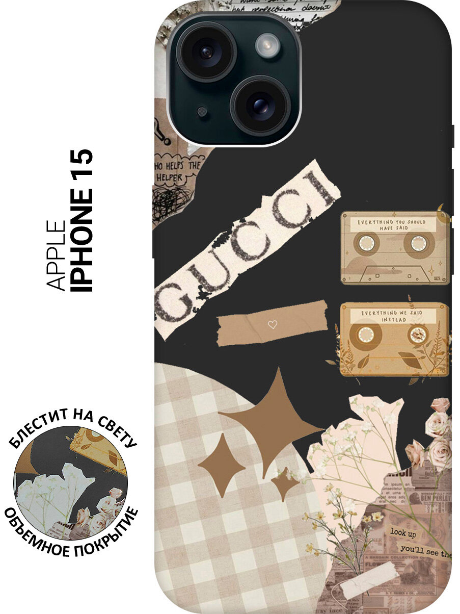 Силиконовый чехол на Apple iPhone 15 / Эпл Айфон 15 с рисунком "GUCCI Stickers" Soft Touch черный