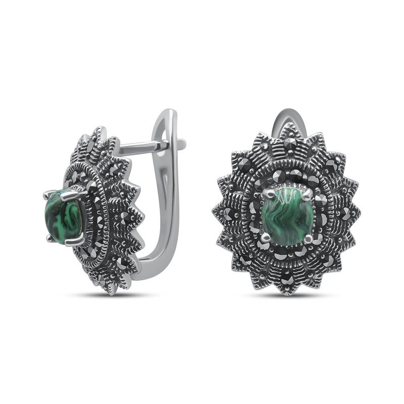 Серьги, серебро, 925 проба, малахит, марказит