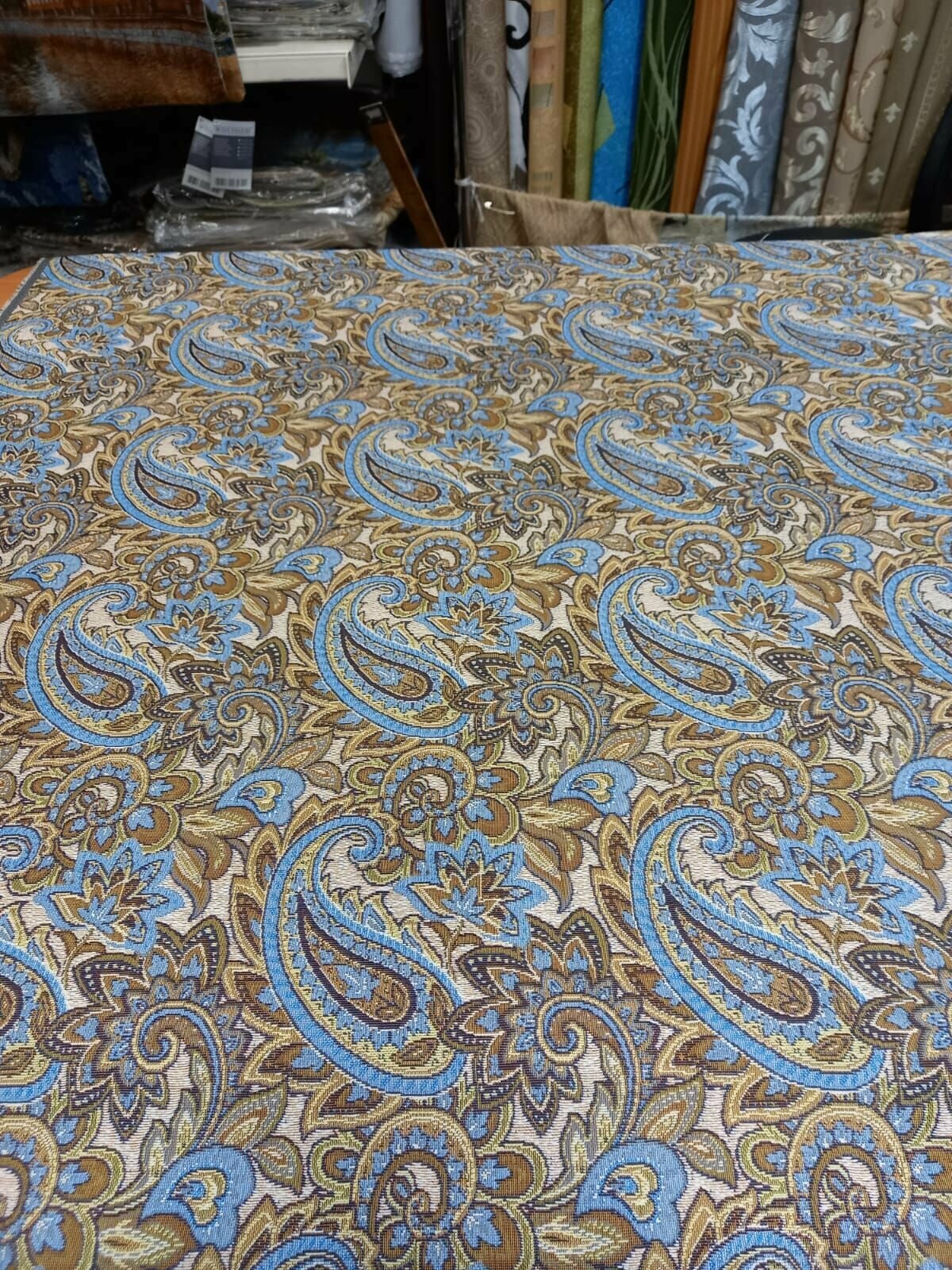 Ткань мебельная, для штор, для покрывал "Восток голубой, мелкий" обивочная, ширина 2,4м. Длина отреза 1 метр. Гобелен